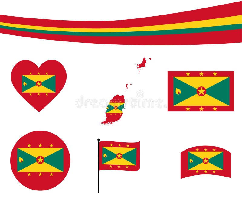 Grenada Flag Map Ribbon and Heart Icons Vector Illustration Collection ...