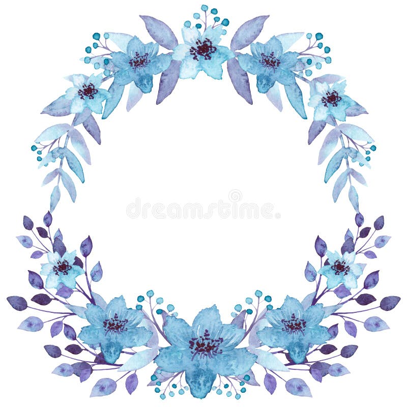 Grinalda Floral Com Flores Azul-claras Em Aguarela Ilustração Stock ...