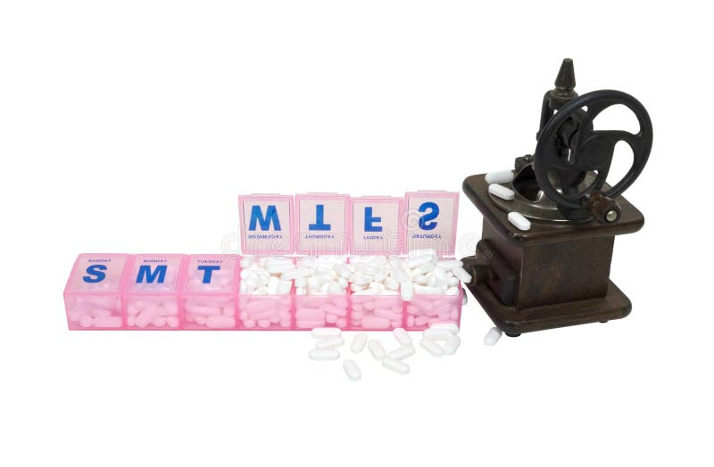 Grinder Dropping Pills into daily Minder Stock Photo - Image of crush ...