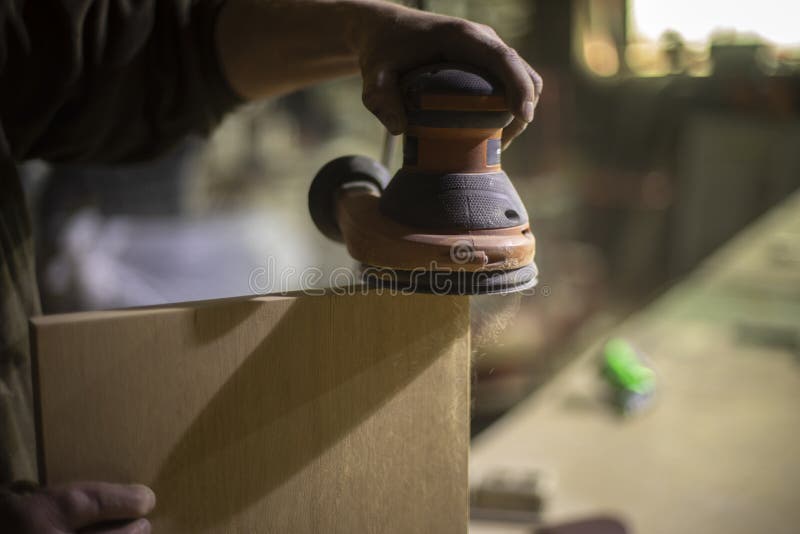 Wood Processing. Electro Tool in Hand Stock Image - Image of cutting ...