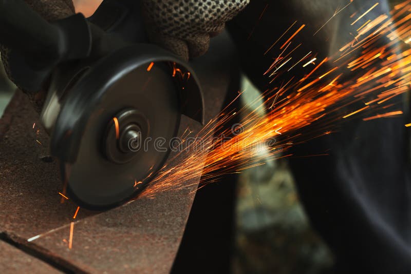Grinding Cutting Metal Sheet with Angle Grinder Machine and Sparks ...
