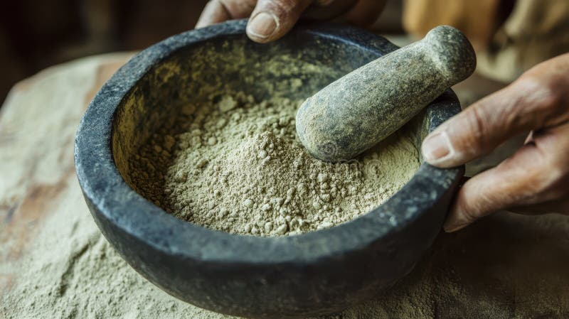 Grinding Dried Herbs with Traditional Mortar and Pestle Technique Stock ...