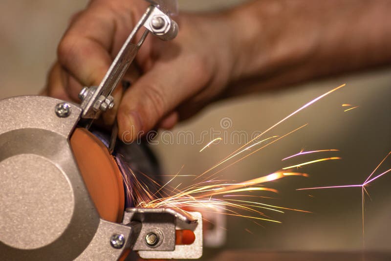 Grinding Machine on Work and Spark with Hand Stock Photo - Image of ...
