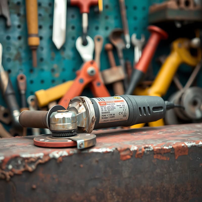 Grinding Tool Resting on a Rugged Metal Surface with a Vibrant Backdrop ...
