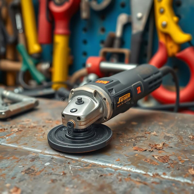 Grinding Tool Resting on a Rugged Metal Surface with a Vibrant Backdrop ...