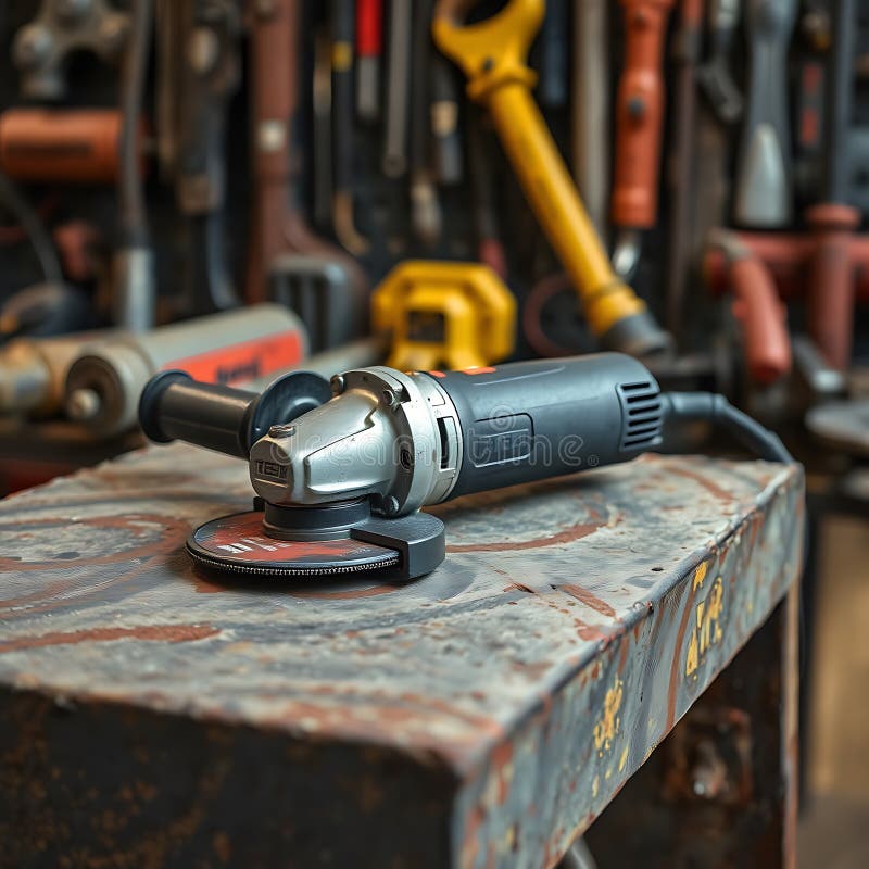 Grinding Tool Resting on a Rugged Metal Surface with a Vibrant Backdrop ...