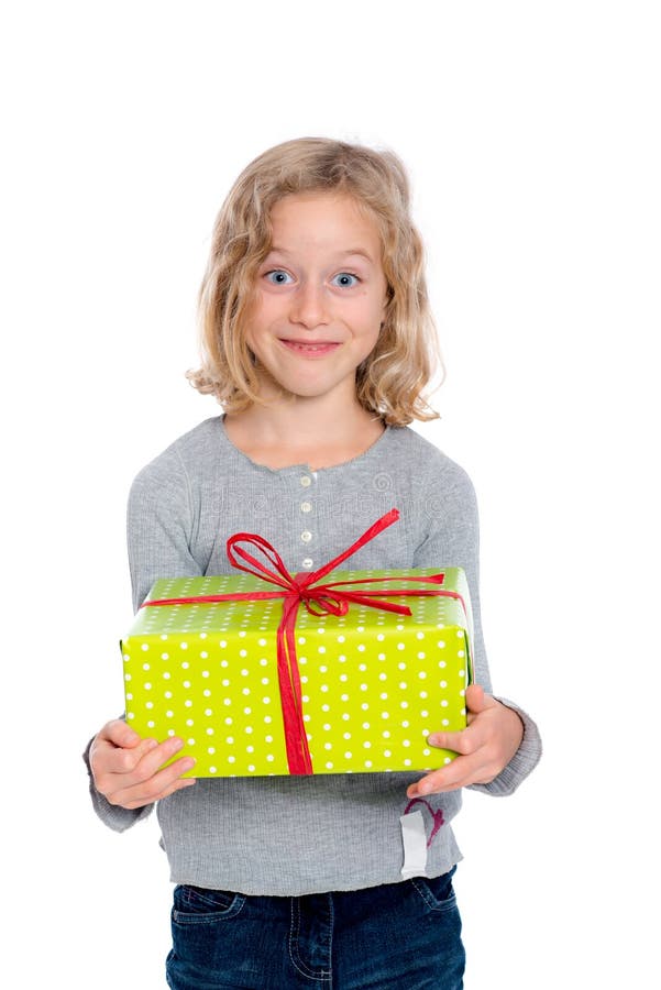 Grining girl with present stock photo. Image of childhood - 48144184