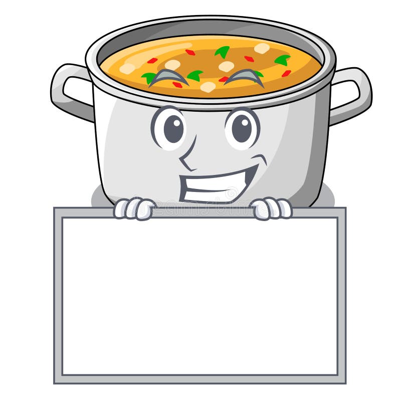 Grinning with Board Vegetable Soup with Pasta in Pot Cartoon Stock ...