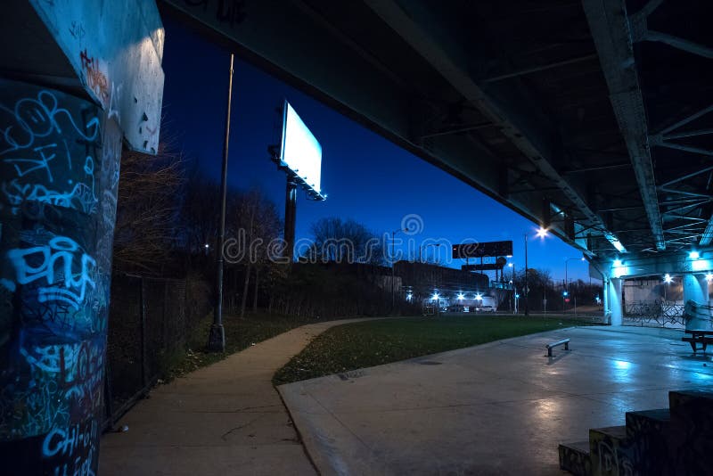 Gritty Dark Chicago Highway Bridge Underpass at Night. Stock Photo ...