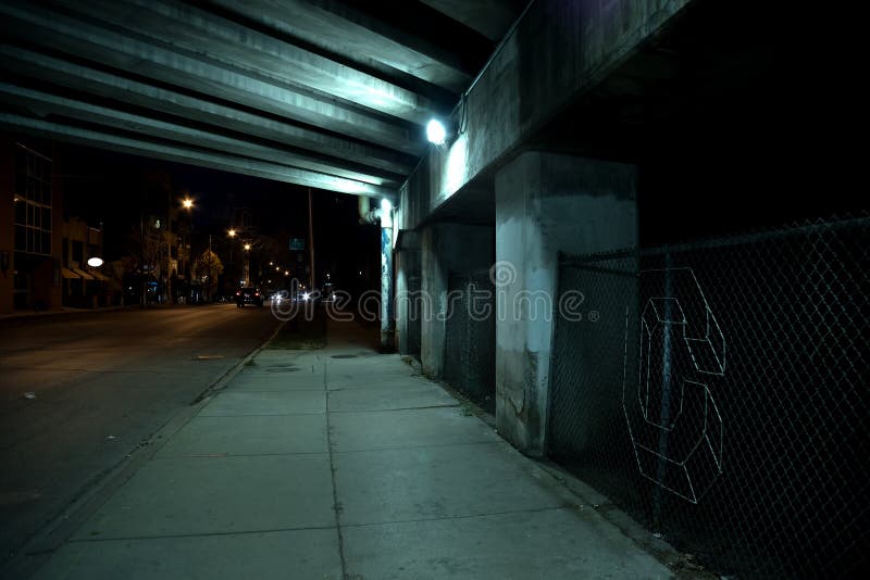 Dark and Gritty Downtown City Street Tunnel Underpass at Night. Stock ...