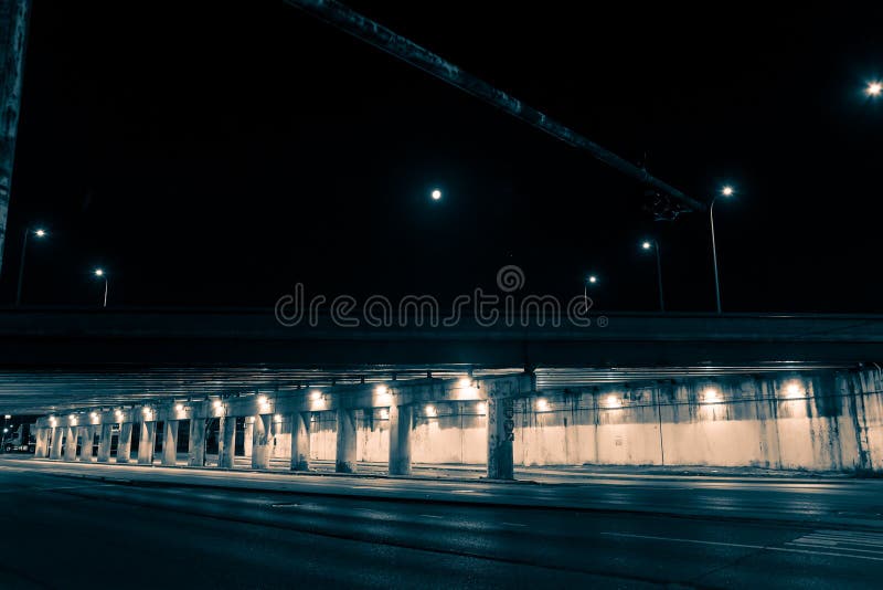 Gritty Dark City Highway Bridge at Night Stock Photo - Image of highway ...