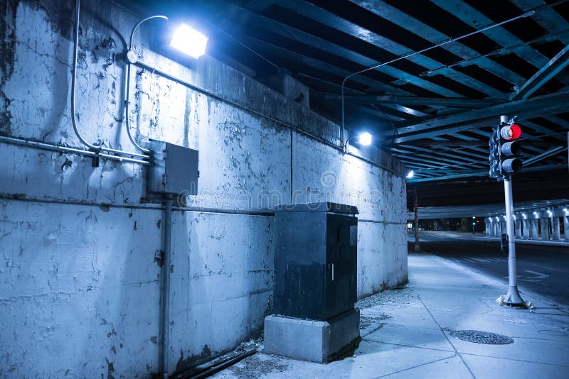 Gritty Dark City Highway Bridge Street Underpass at Night Stock Image ...