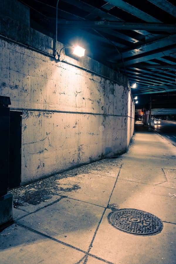 Gritty Dark City Highway Bridge Street Underpass at Night Stock Image ...