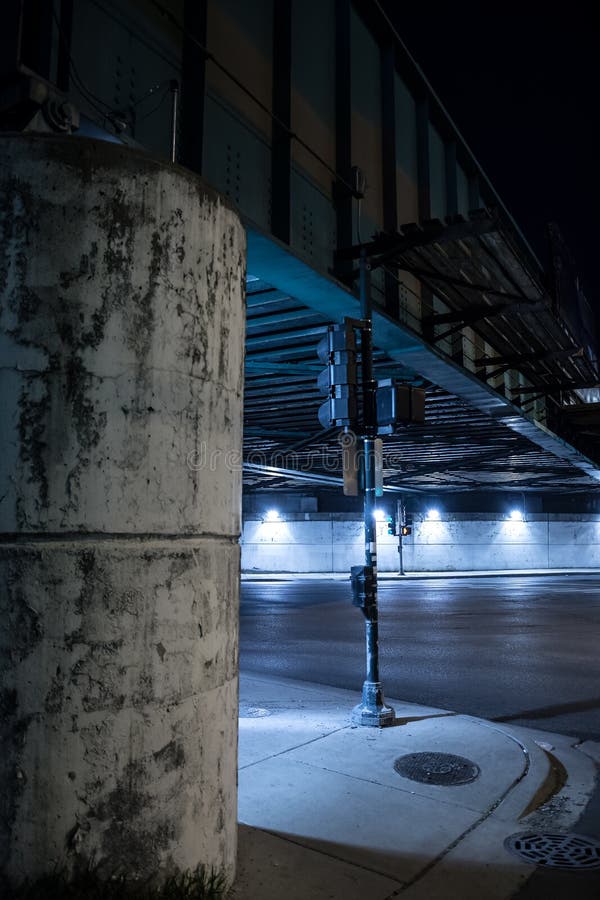 Gritty Dark City Highway Bridge Street Underpass at Night Stock Image ...