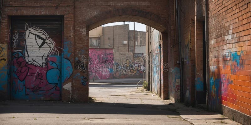 A Gritty Urban Alleyway Covered in Graffiti on a Sunny Day. Stock Image ...