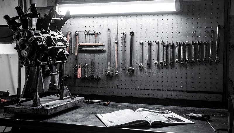 Gritty Workbench Scene. Mechanical Engine Study, Repair Manual, Tools ...
