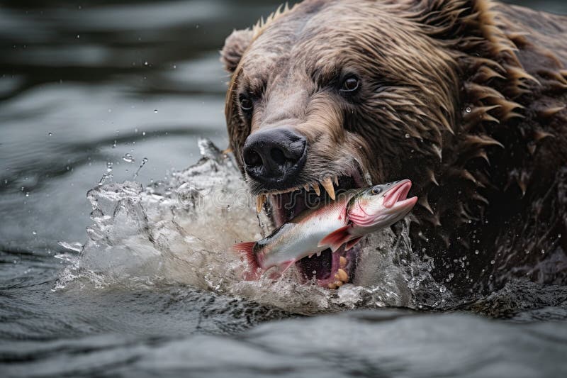 Grizzly Bear Catching Salmon and Eating the Fish. Ai Generative Stock ...
