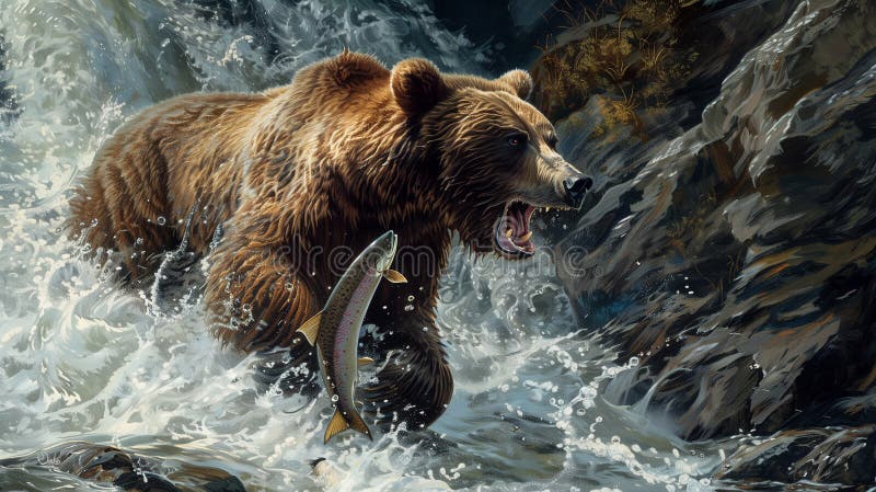 Grizzly Bear Catching Salmon in a Rushing River Stock Illustration ...