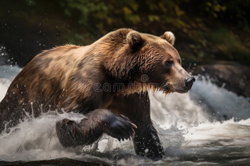 Grizzly Bear Catching Salmon in a Rushing River. Generative AI Stock ...