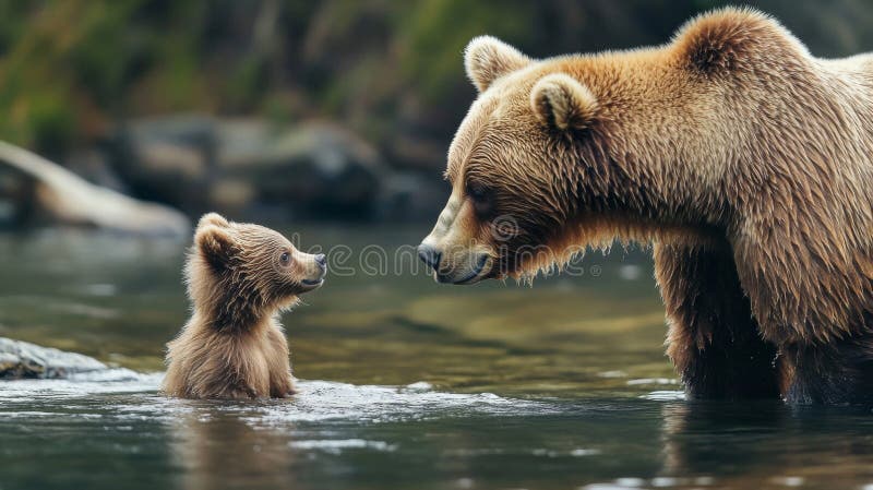 Grizzly Bear and Cub in River Water Stock Illustration - Illustration ...