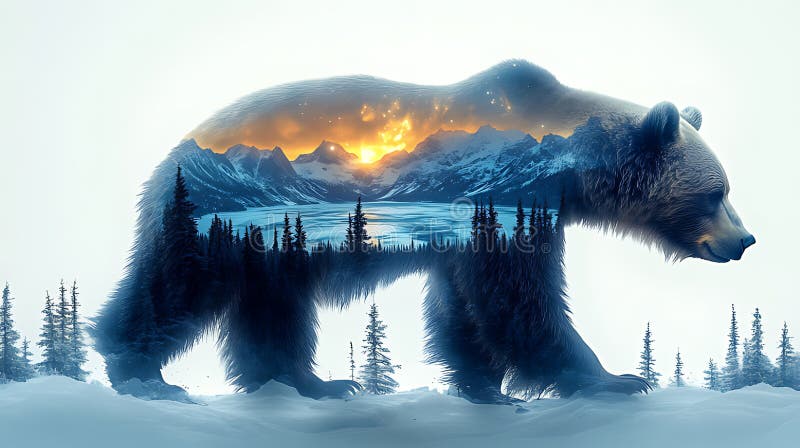 Grizzly Bear Double Exposure with Mountain Lake and Sunset Stock ...