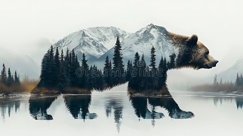 Grizzly Bear Double Exposure with Mountain Landscape Reflection in ...