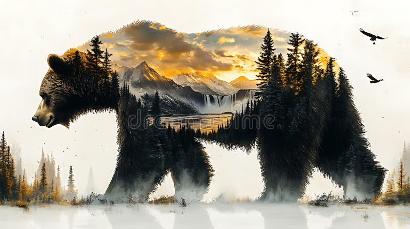 Grizzly Bear Double Exposure, Mountains, Forest, Sunset, Waterfall ...