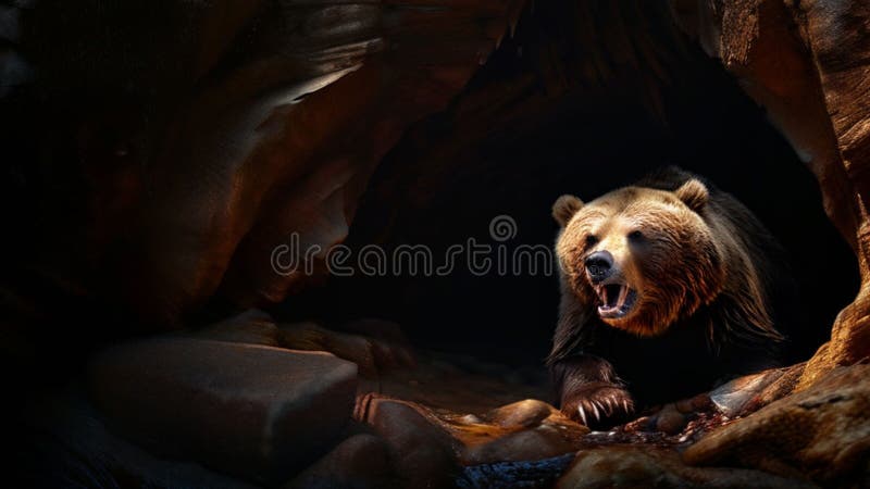A Grizzly Bear Emerging from a Cave Its Fur Bristling Stock ...