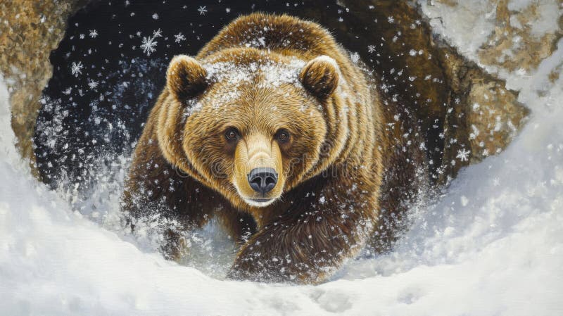 A Grizzly Bear Emerging from a Snowy Cave Stock Illustration ...