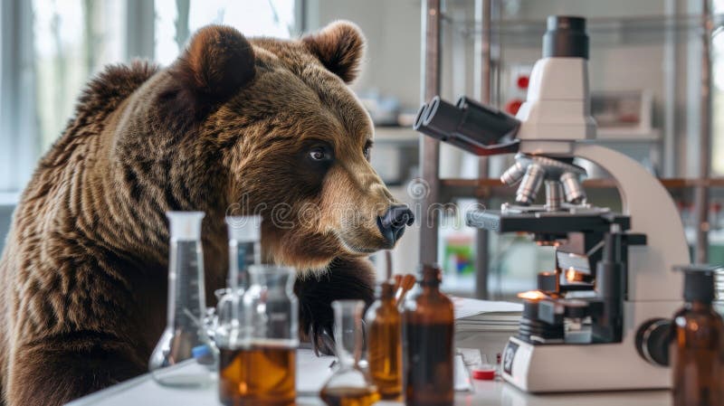 A Grizzly Bear in a Lab Coat Intently Examining a Microscope in a High ...