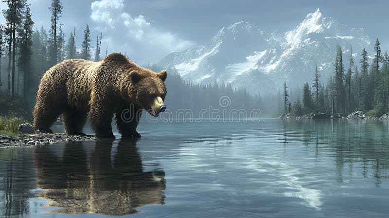 Grizzly Bear by Mountain Lake Reflecting in Calm Water Stock ...