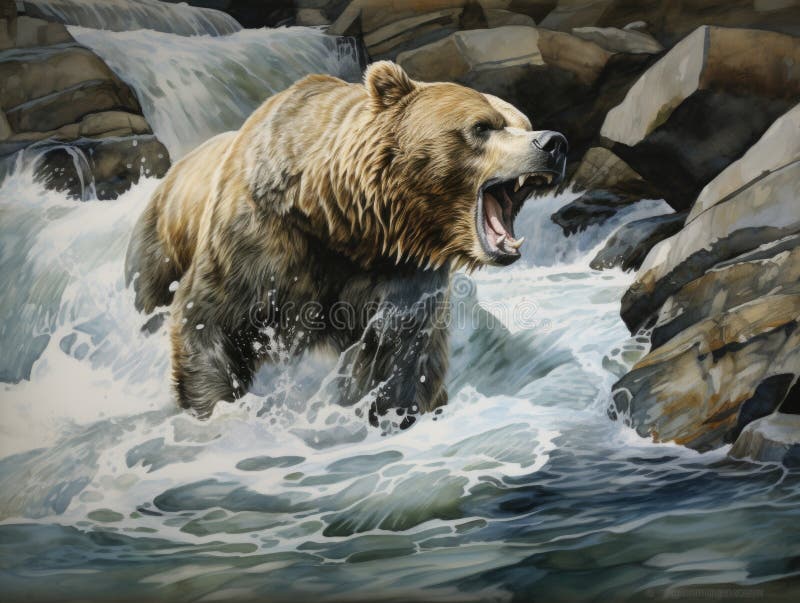 Grizzly Bear Painting in a River. Generative AI. Stock Image - Image of ...