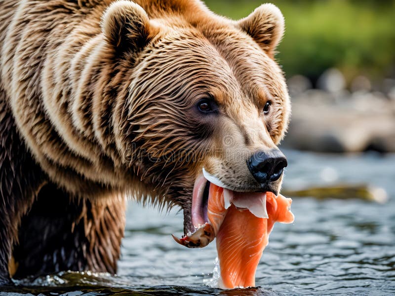 Grizzly Bear with a Piece of Salmon Stock Illustration - Illustration ...