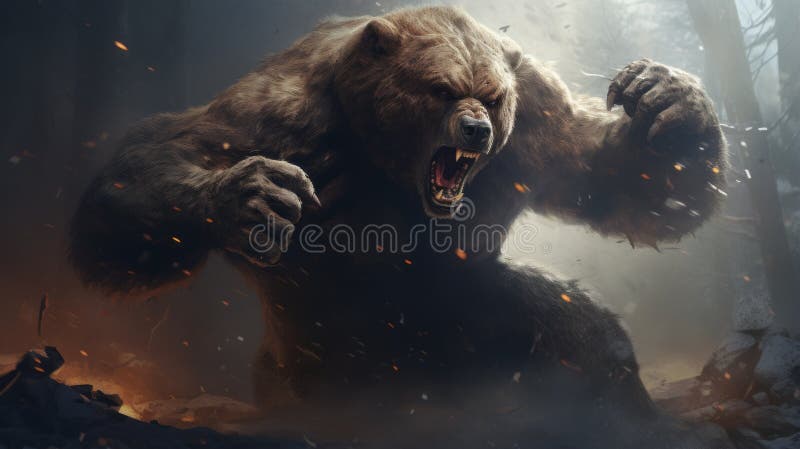 Fierce Battle: Angry Bear S Epic Fight in the Dark Forest Stock ...