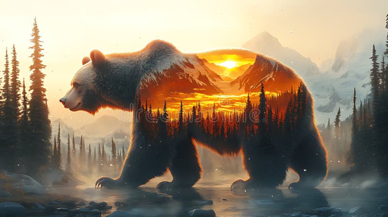 Grizzly Bear Silhouette Double Exposed with Sunset and Mountain ...