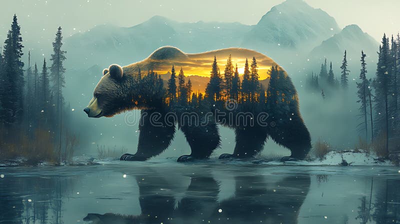 Grizzly Bear Silhouette with Sunset Forest Inside, Snowy Landscape ...