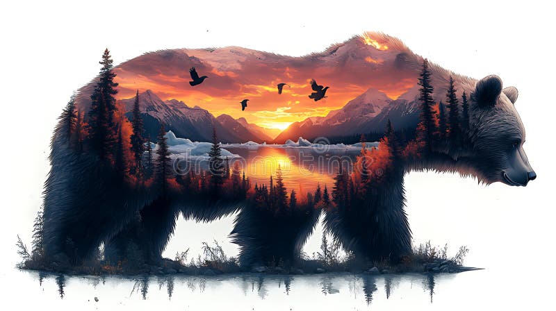 Grizzly Bear Silhouette with Sunset Landscape Inside Stock Illustration ...