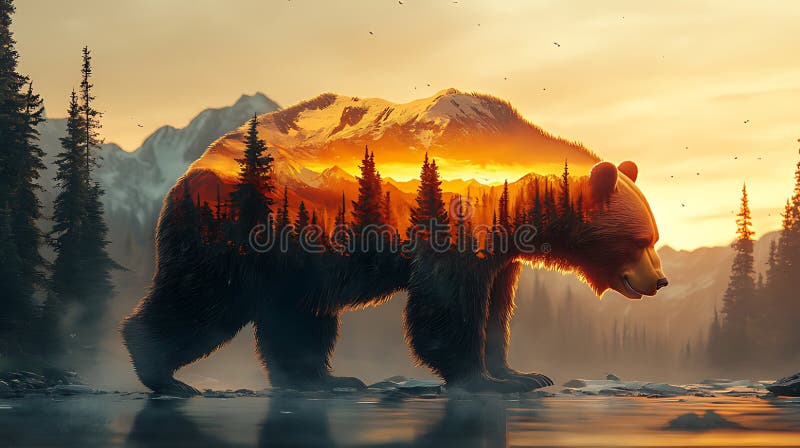 Grizzly Bear Silhouette with Sunset Mountain Landscape Inside, Walking ...