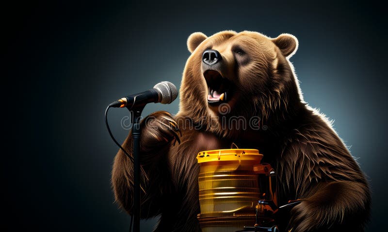 Grizzly Bear Singing into a Microphone Holding a Drum in Dark Studio ...