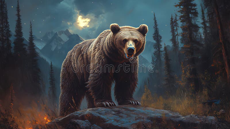Grizzly Bear Standing on Rock in Forest Fire at Night Stock ...