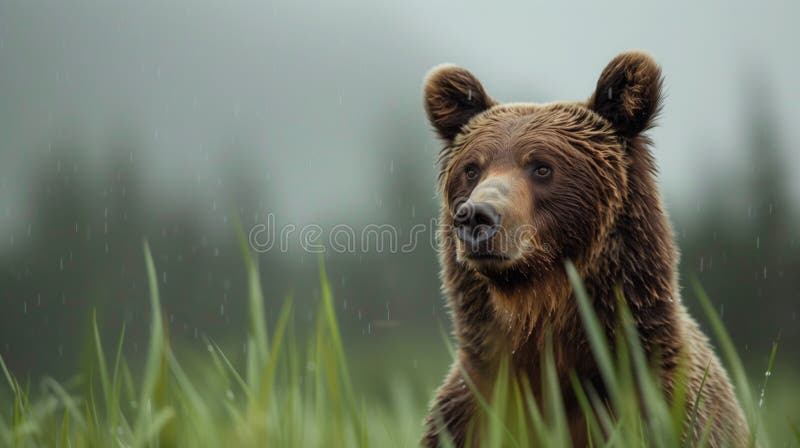 A Grizzly Bear Stands Tall in the Green Grass, with Raindrops Falling ... A Grizzly Bear Stands Tall in the Green Grass, with Raindrops Falling ...