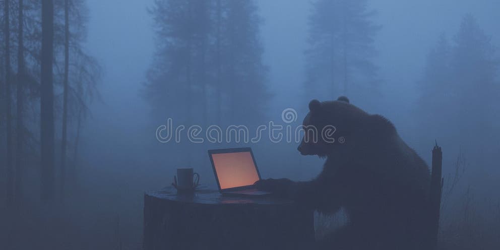 Grizzly Bear Using a Laptop in a Mysterious Forest Stock Illustration ...