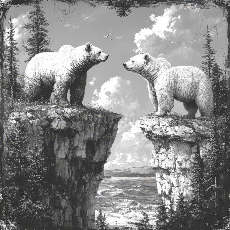Grizzly Bears Facing Each Other on Cliffs, Black and White Illustration ...
