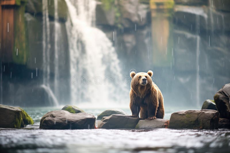 Grizzly Standing in Waterfall Waiting for Fish Stock Illustration ...