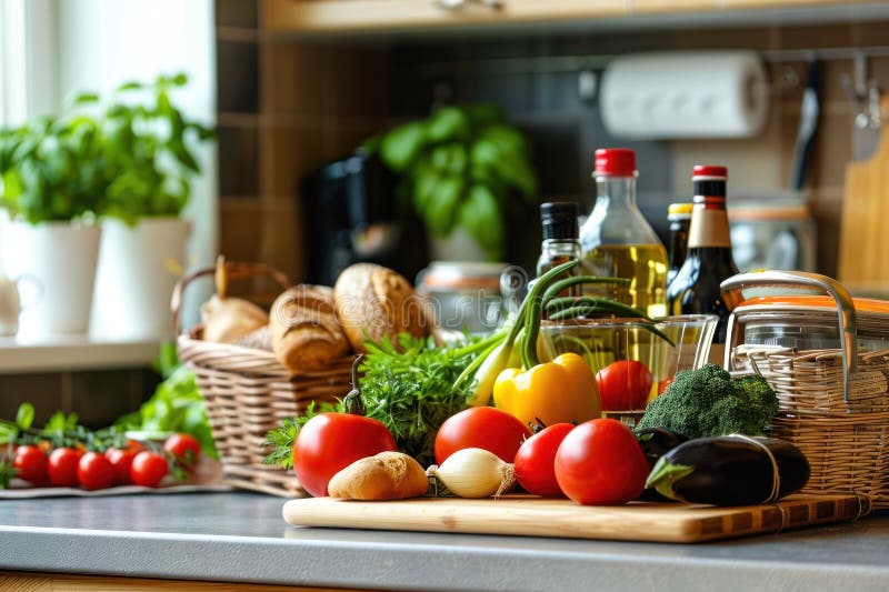 Groceries on a Kitchen Counter, Including Fresh Vegetables, Bread, and ...