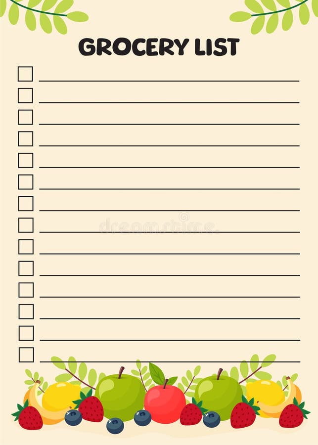 Grocery List Template with Fruits Flat Illustration Stock Vector ...