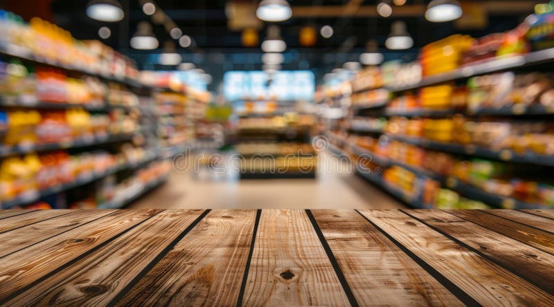 Grocery Store Aisle Featuring a Wooden Table Prominently Positioned in ...