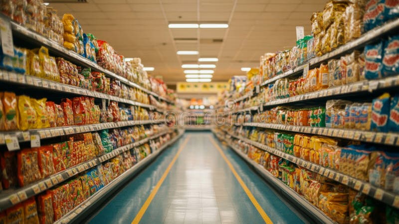 Grocery Store Aisle with Packaged Goods on Shelves Stock Illustration ...