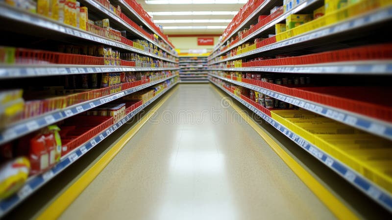 Grocery Store Aisle Perspective: Rows of Products on Shelves, Focused ...