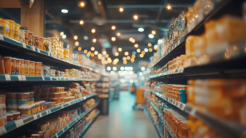 Grocery Store Aisle with String Lights and Canned Goods Stock ...